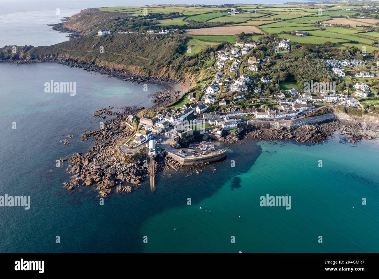 Aerial panorama landscape view of the picturesque Cornish fishing ...
