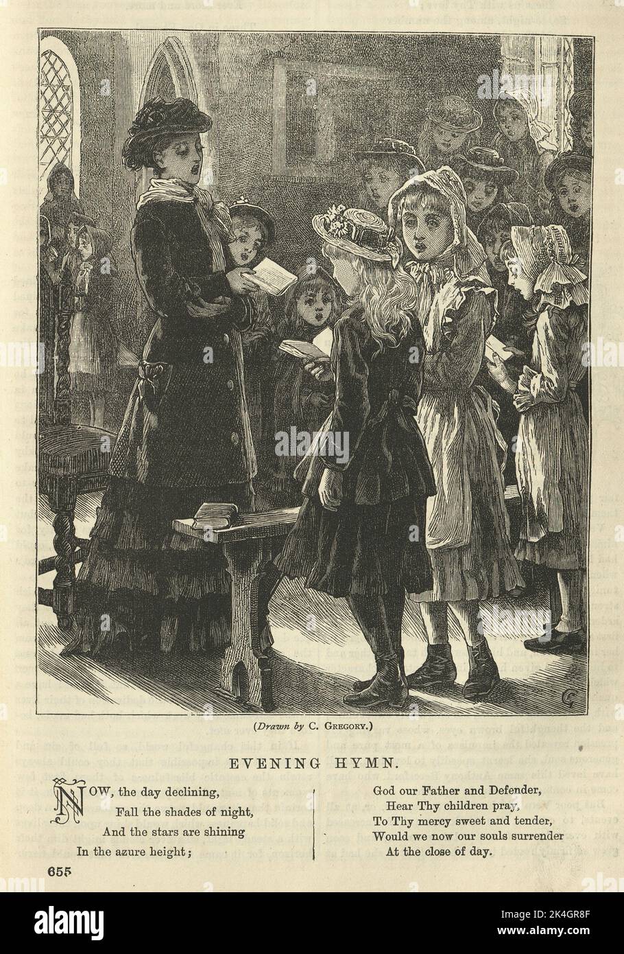 Vintage illustration, Woman and children singing hymns in church ...