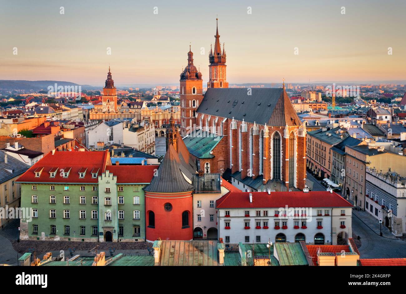 Krakow - aerial View of Saint Mary's Basilica at sunrise Stock Photo ...