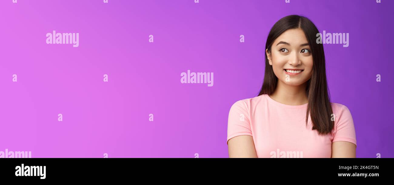 Close-up lovely joyful asian woman look away dreamy, smiling imaging ...