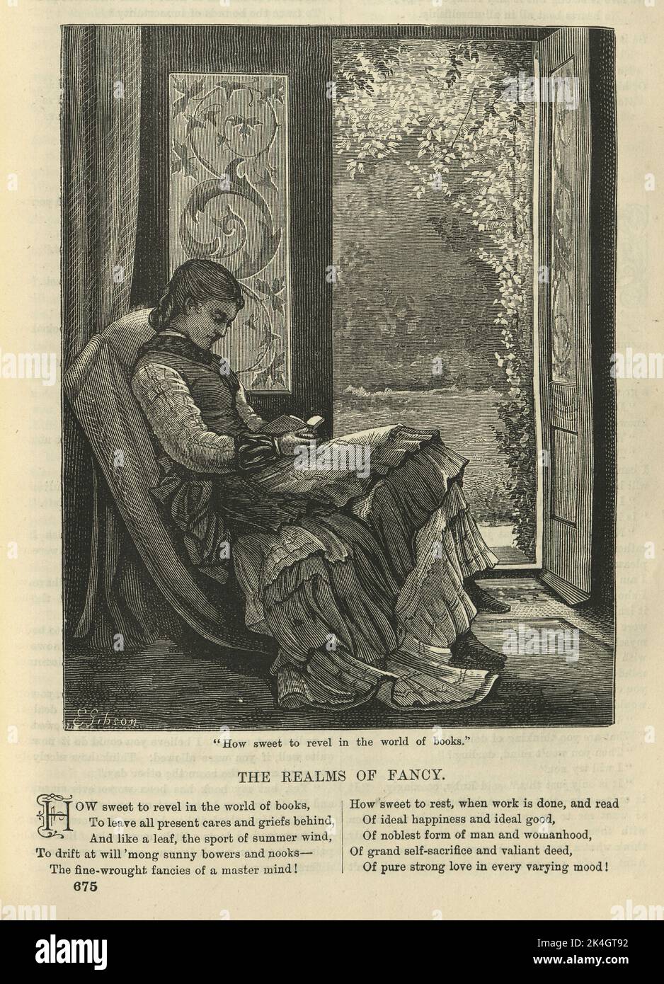 Illustrated Victorian poem, The Realms of Fancy, Young woman reading ...