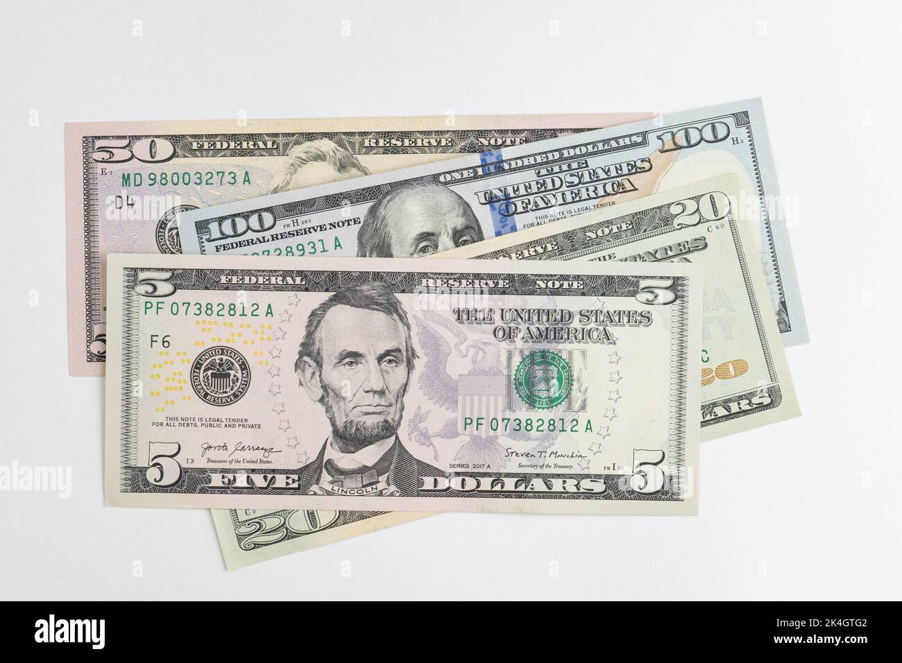 5, 20, 50, 100 dollars banknotes at different angles. Close up of ...