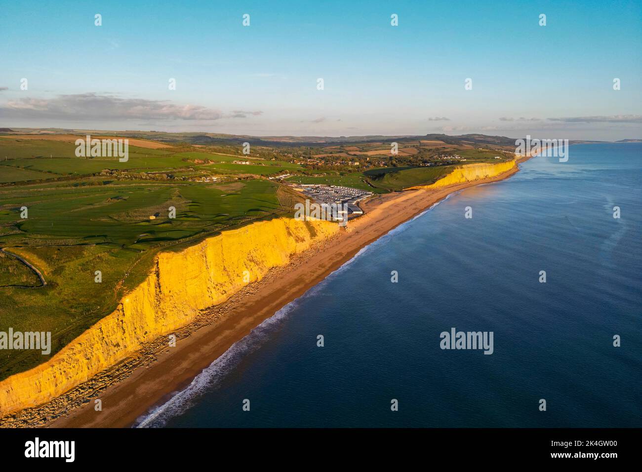 West Bay, Dorset, UK. 2nd October 2022. UK Weather. View from the air of the sandstone cliffs at ...