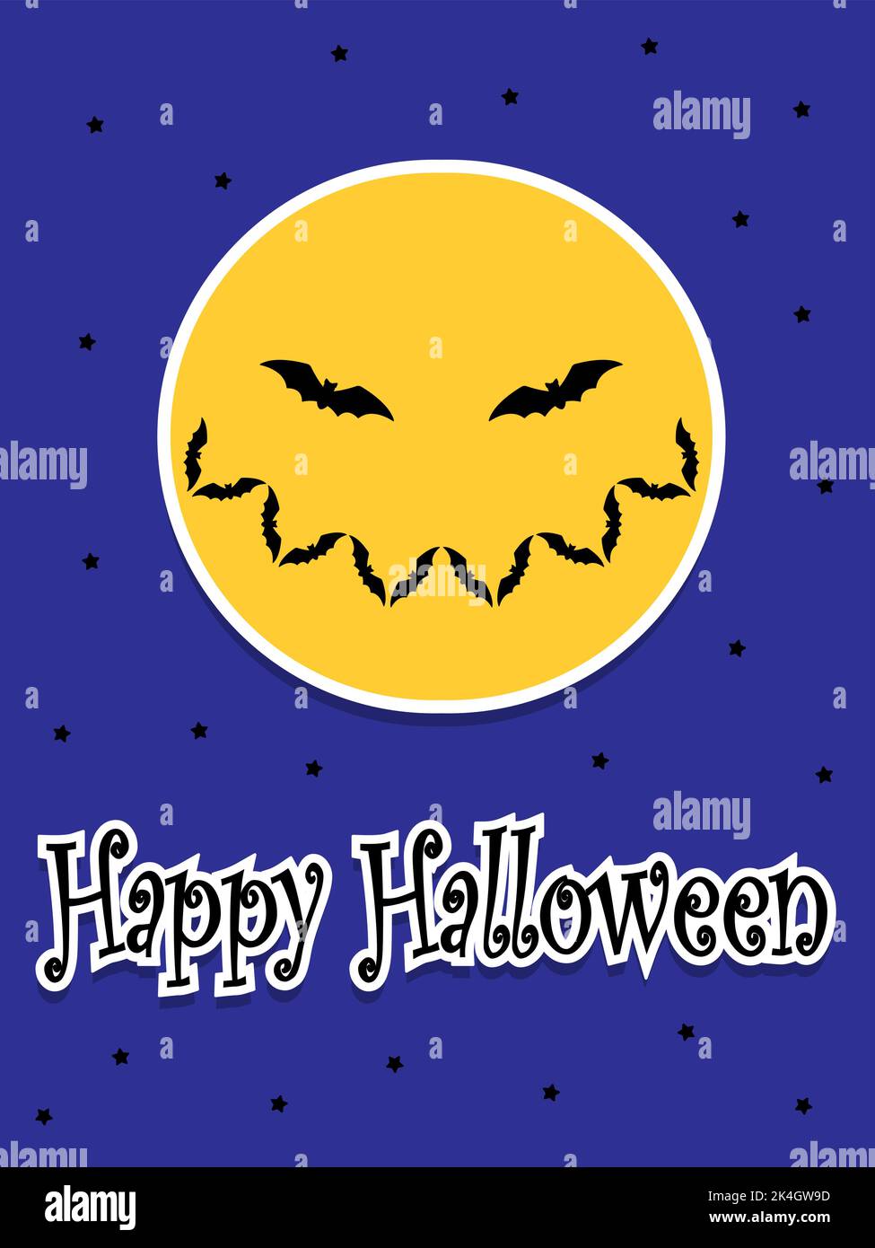 Halloween postcard. Smiling moon. Bat smile. Cartoon flat vector ...