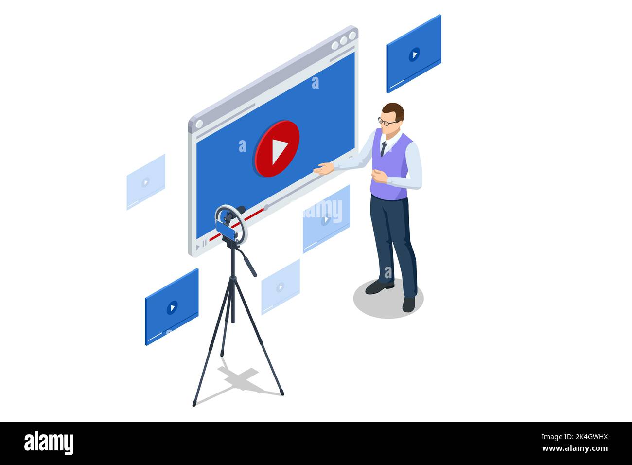 Isometric Video Blogger Records Content In His Studio, Live Streaming ...