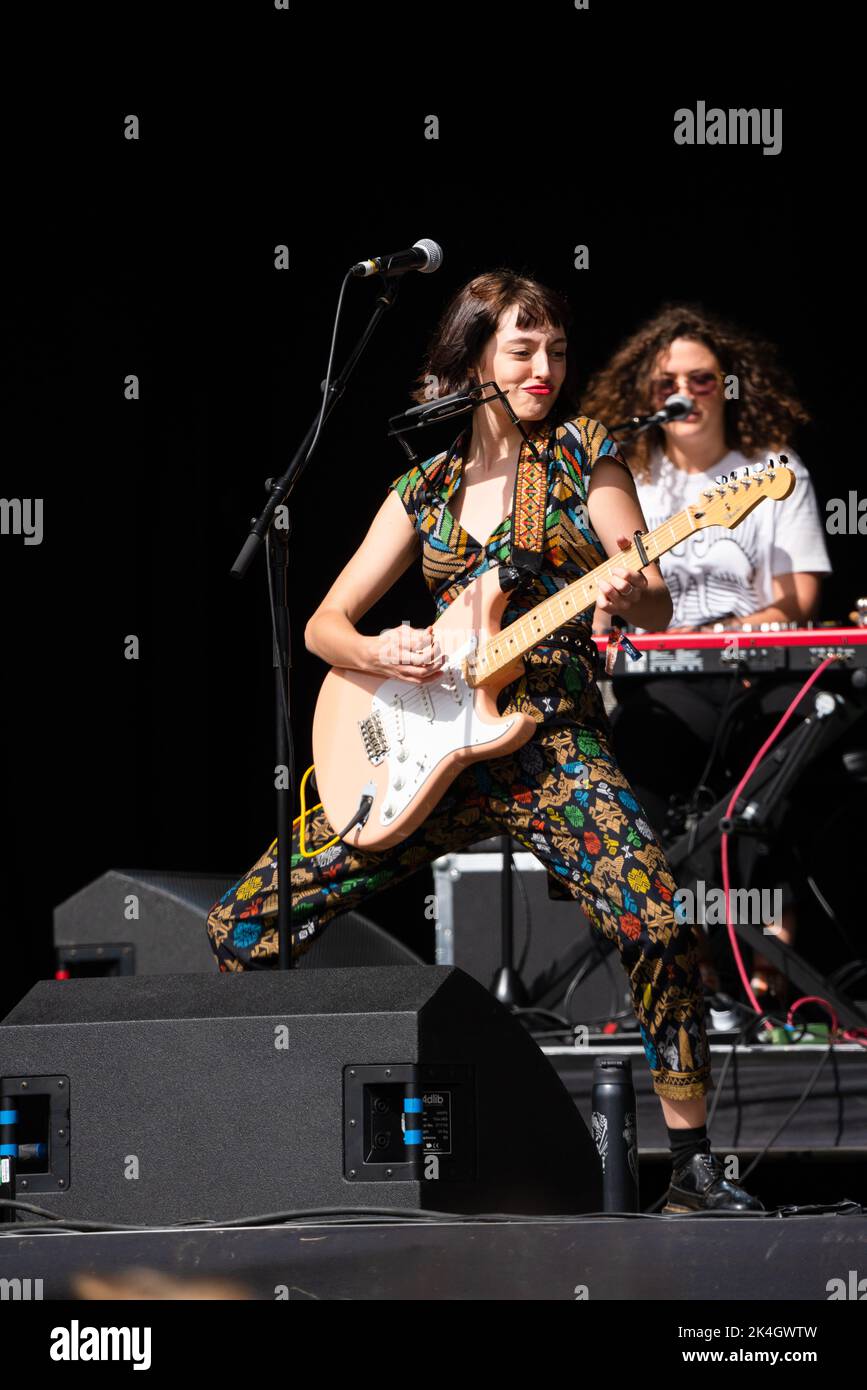 Singer Stella Donnelly plays an orange Fender guitar on the Mountain ...