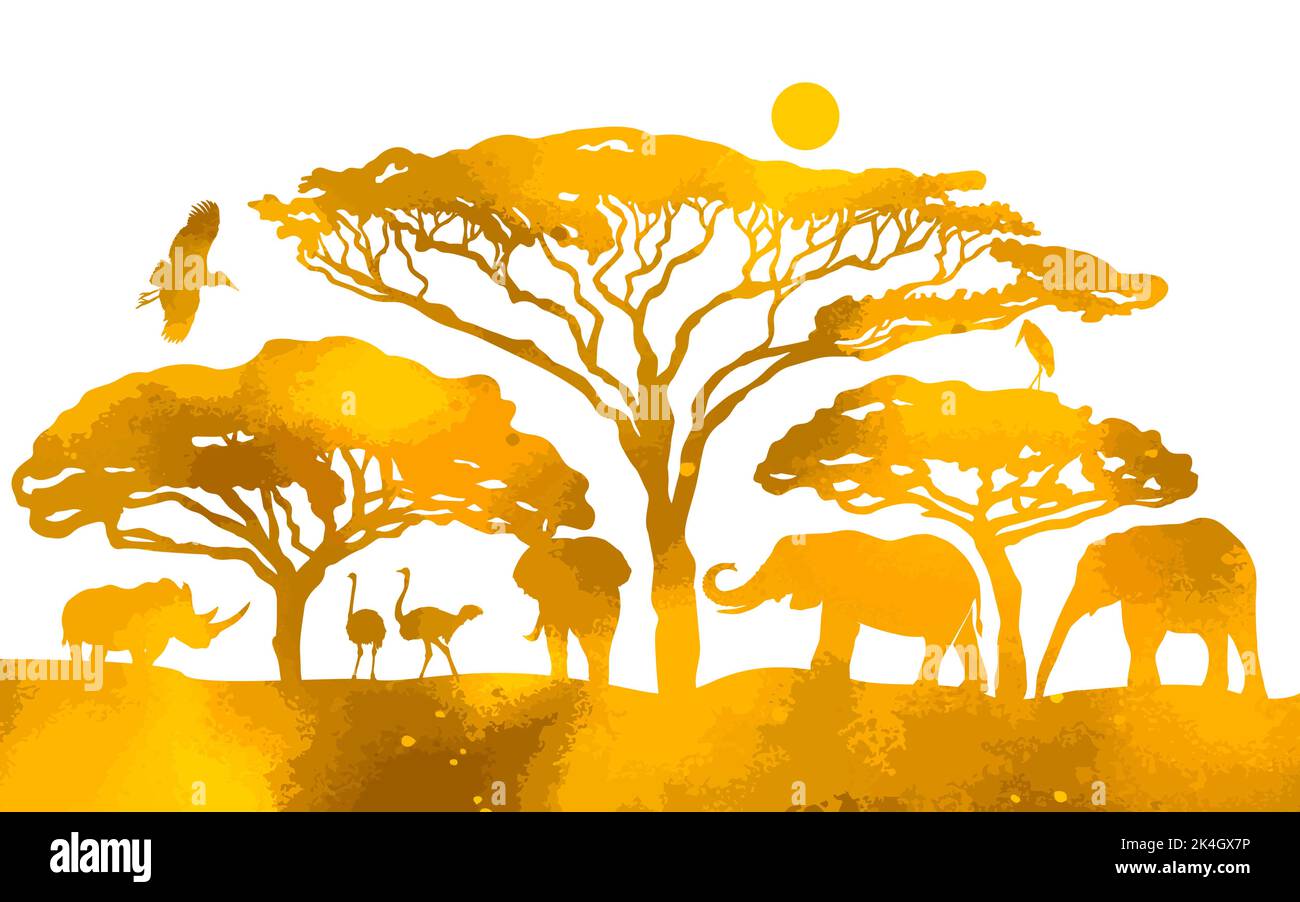 African Yellow landscape with animals. Vector illustration Stock Vector ...