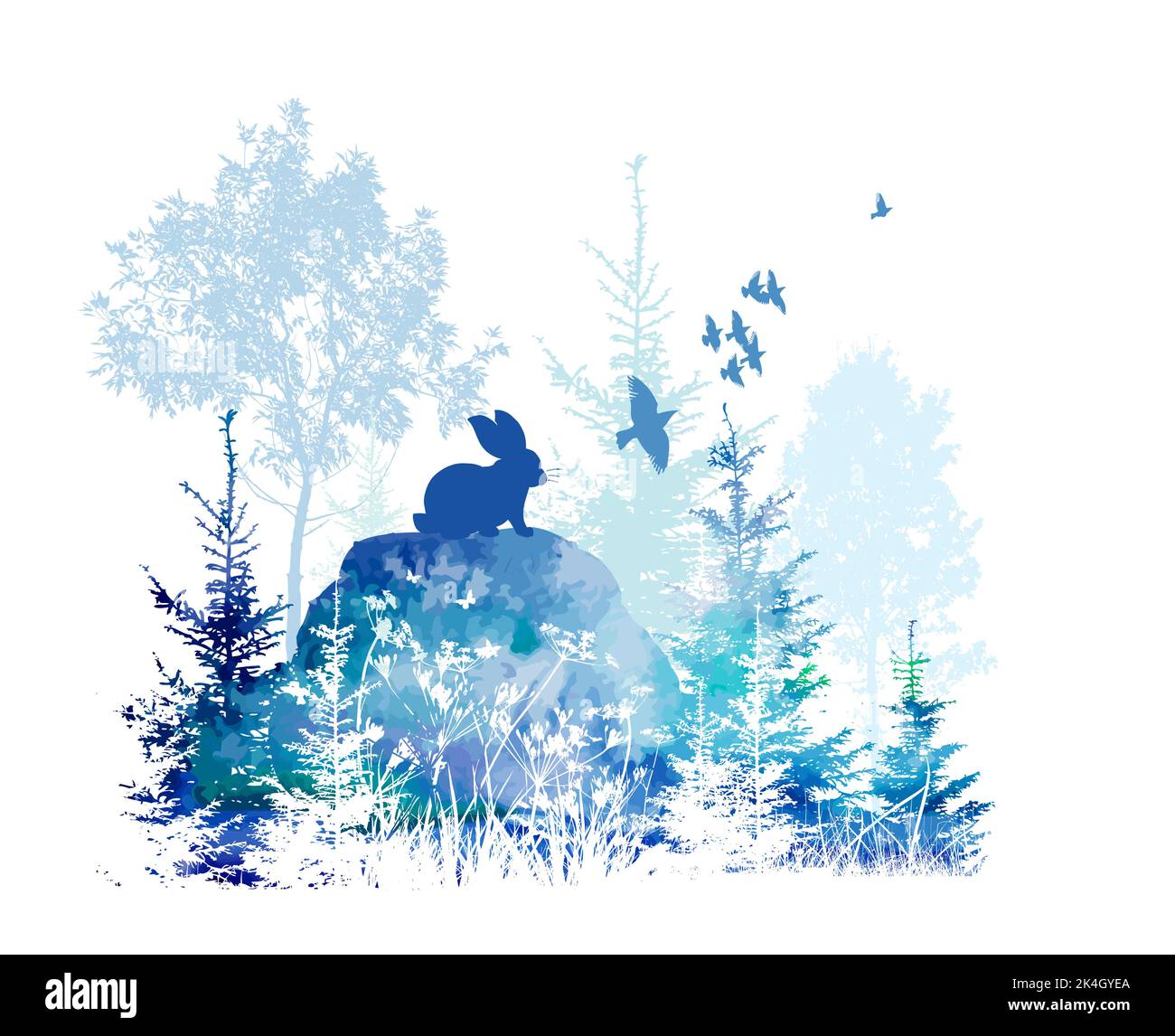 Watercolor light blue landscape hare in the forest. Vector illustration ...