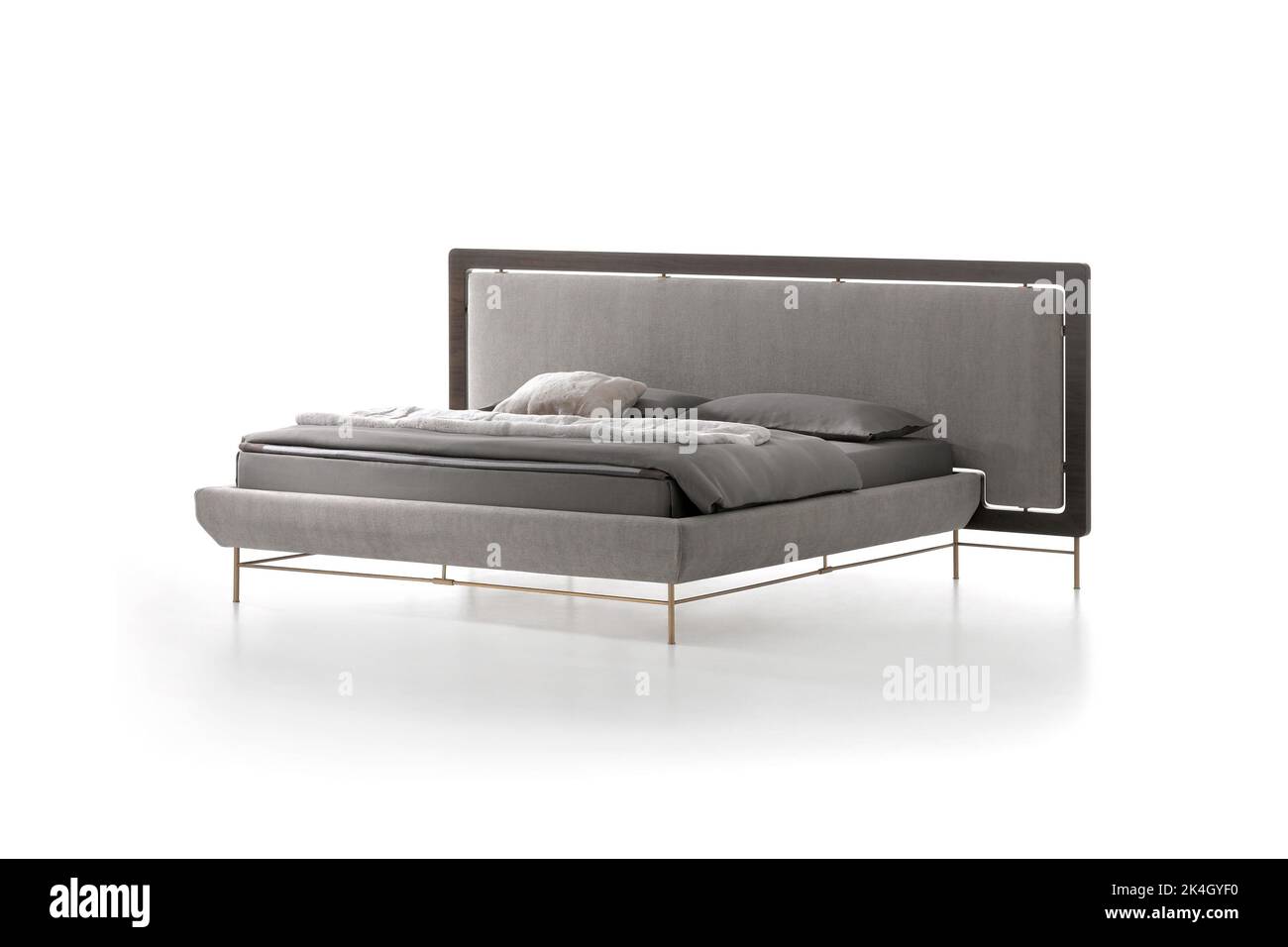 Side view of classic luxury double bed in grey colors, isolated on ...