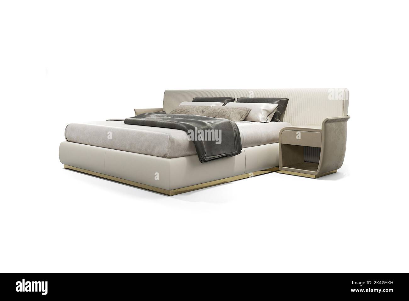 Classic luxury white bed with grey blanket and pillows, side view Stock ...