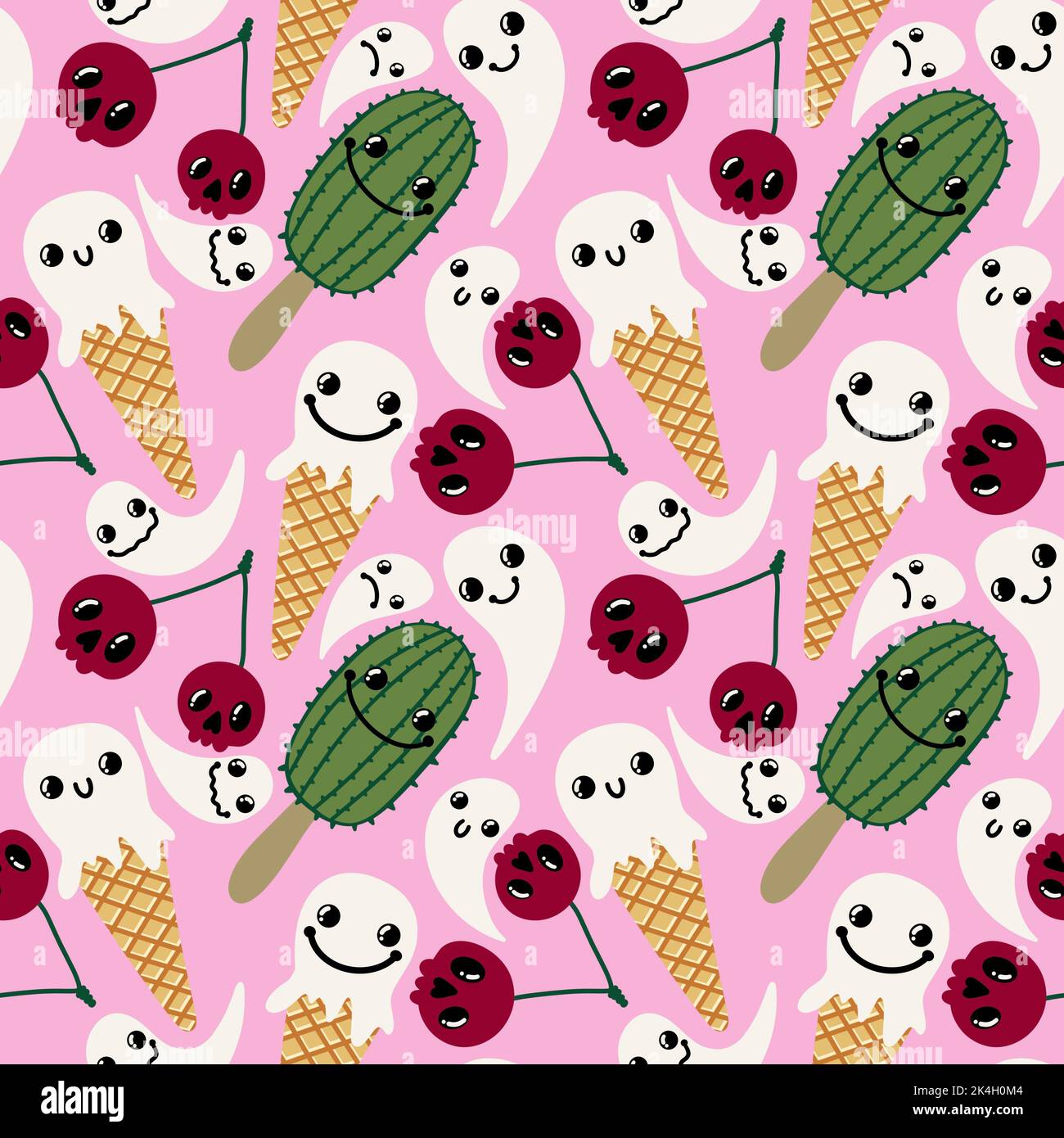 Halloween cartoon doodle seamless ghost ice cream and cactus and skulls ...