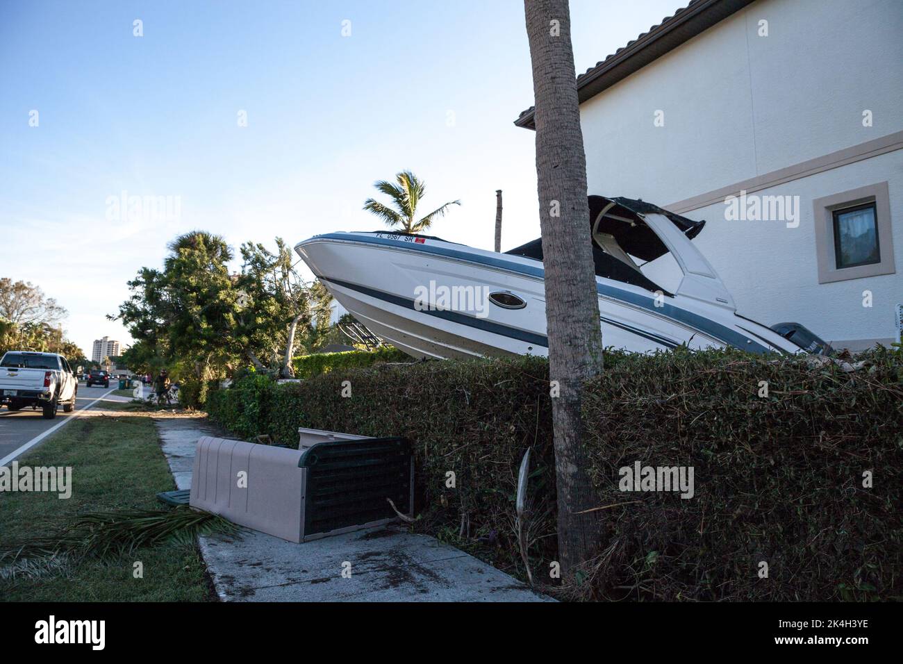 Naples, Florida, USA - September 28, 2022: NEWS – Boat wreck hangs on a ...