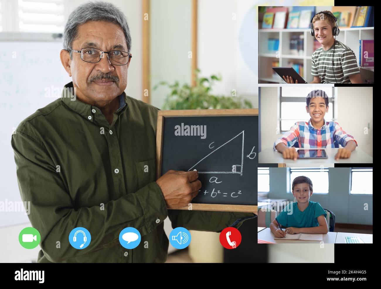 Video call interface with diverse male teacher and schoolchildren on ...