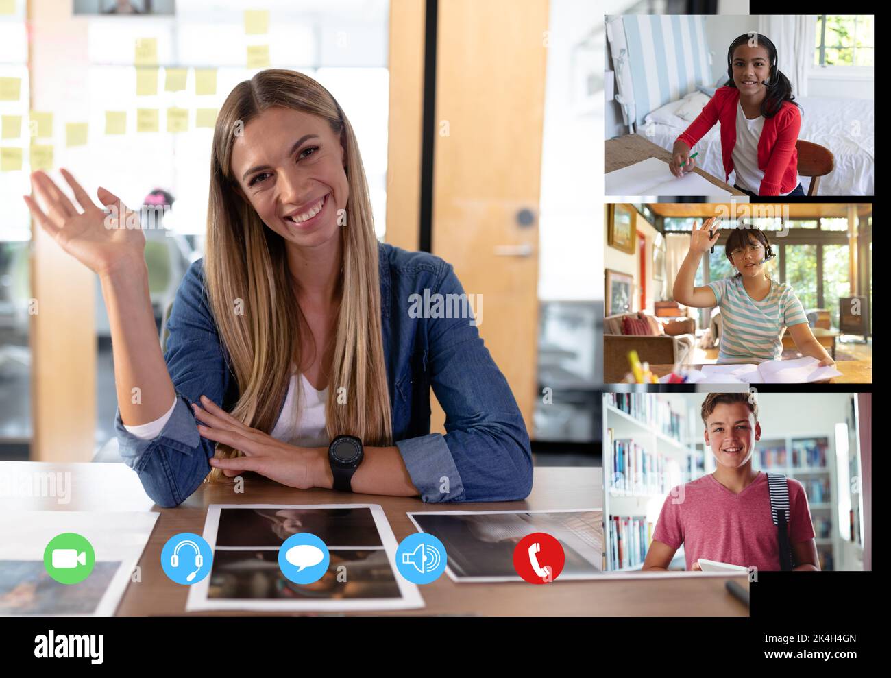 Video call interface with caucasian female teacher and schoolchildren ...