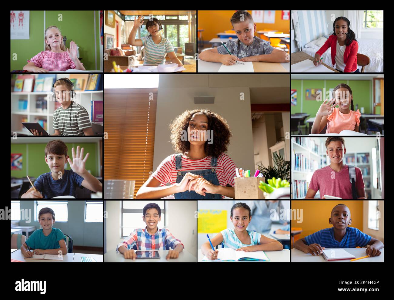 Video call interface with diverse female teacher and schoolchildren on ...