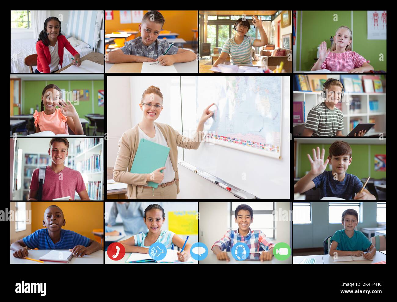 Video call interface with caucasian female teacher and schoolchildren ...