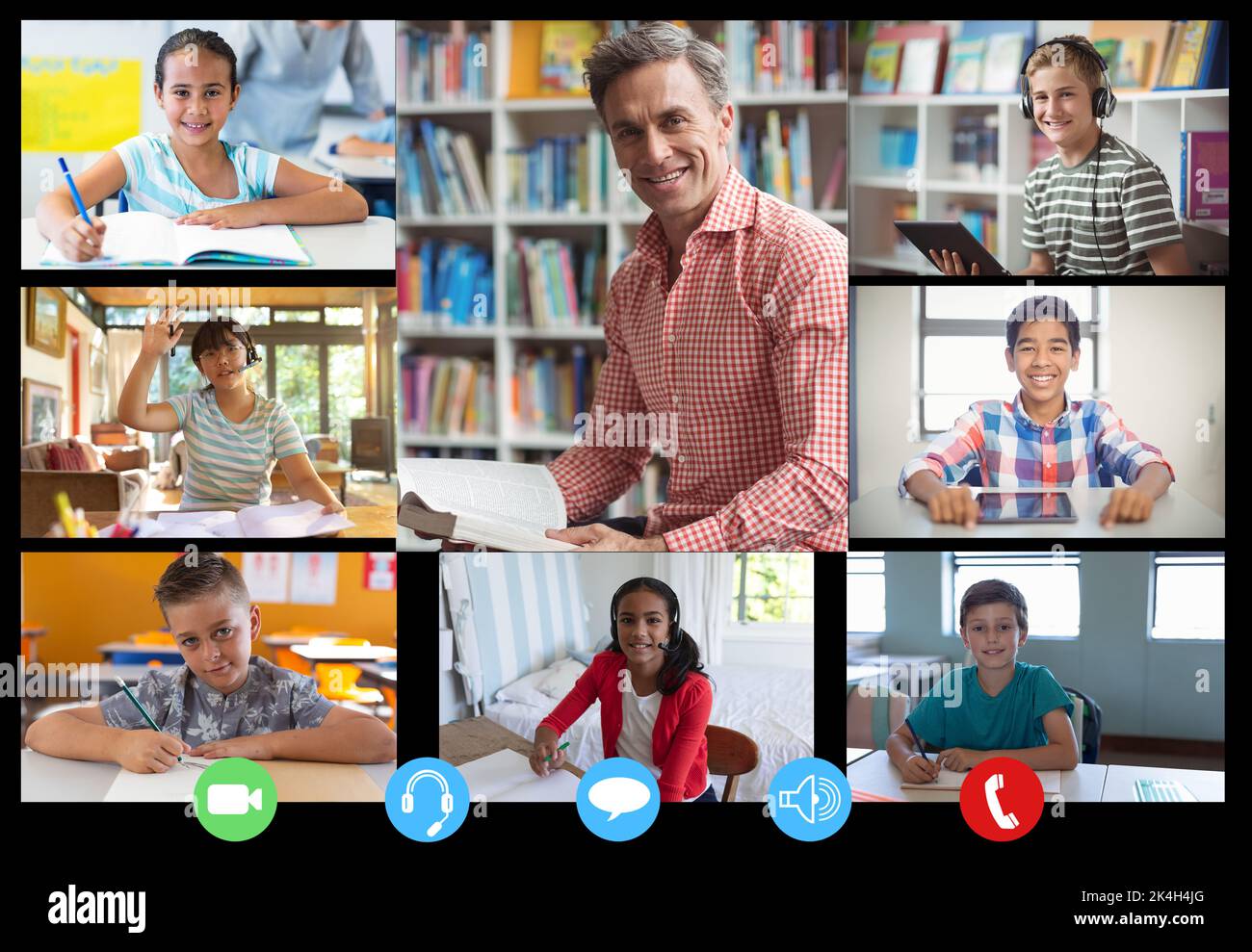 Video call interface with caucasian male teacher and schoolchildren on ...