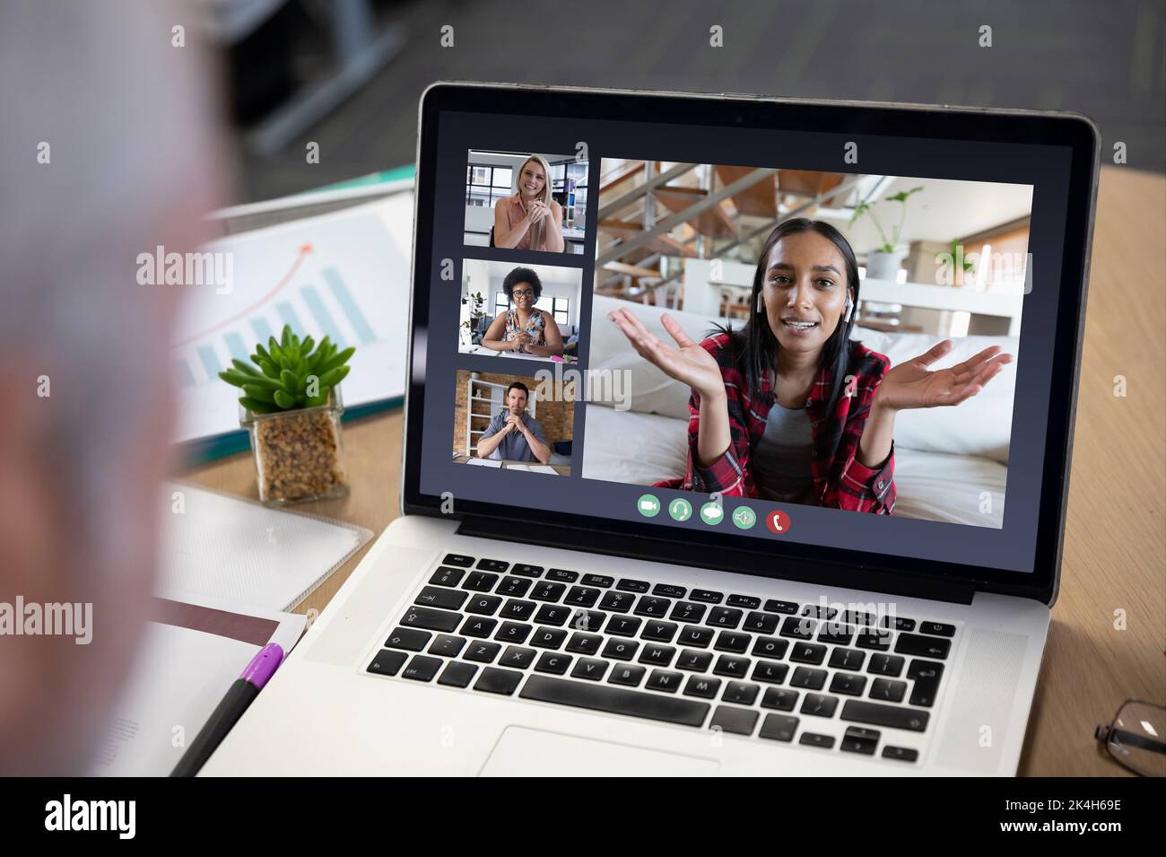 Diverse women and man on computer screen during video chat. social ...