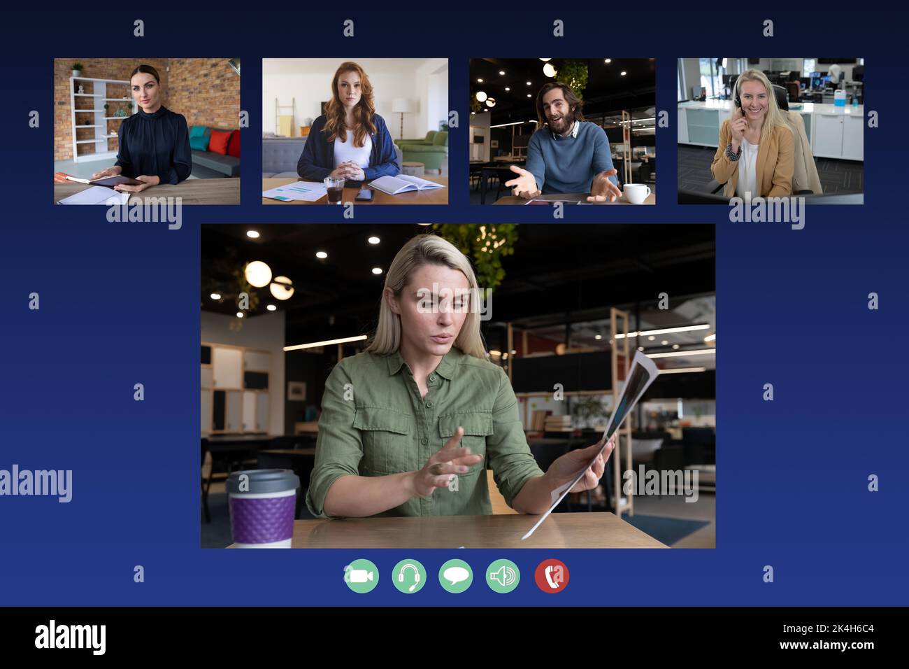 Diverse businesswomen and businessman waving on computer screen during ...