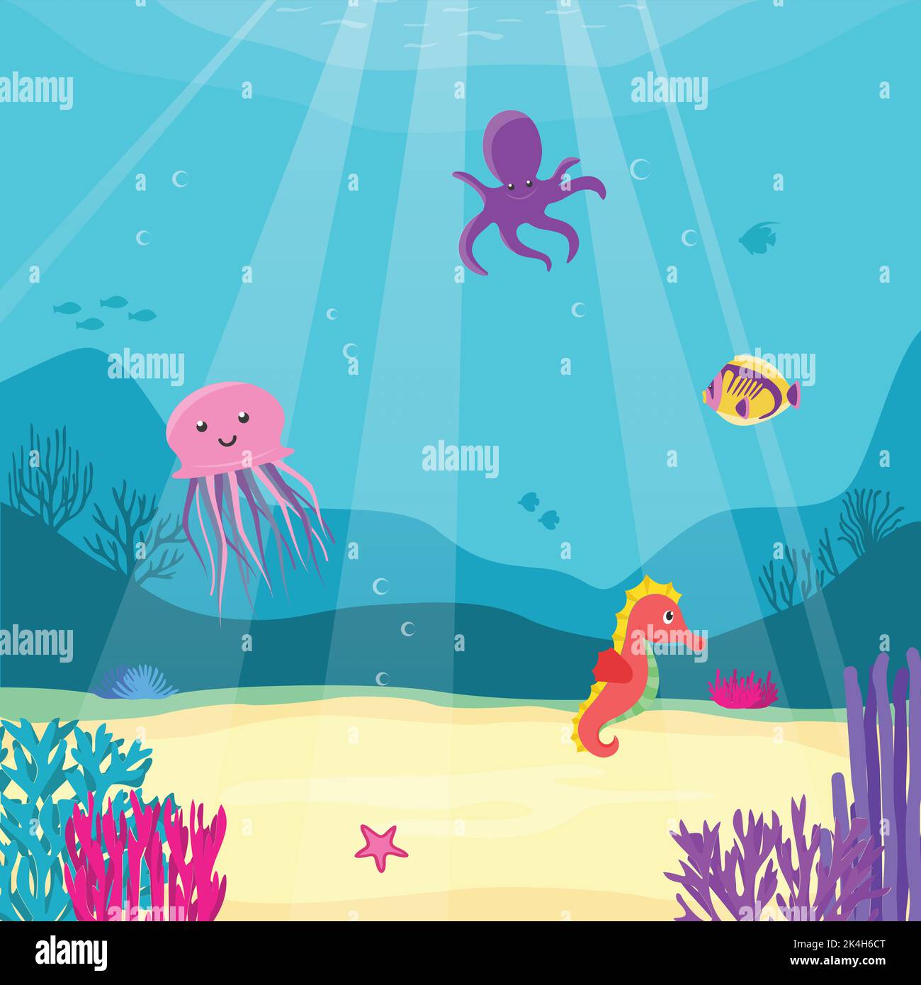 Digitally generated illustration of tropical aquatic animals underwater ...