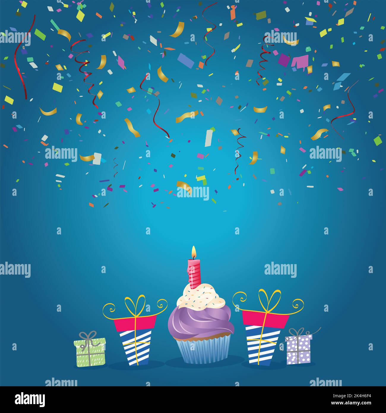 Confetti and birthday cake with one candle over blue background. happy ...