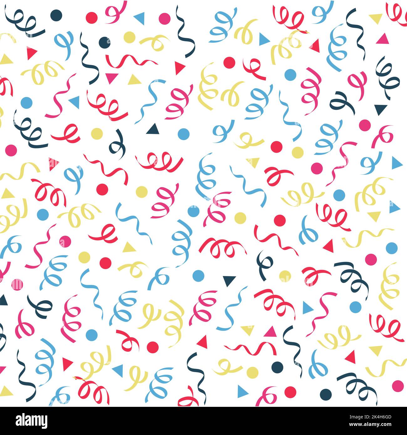 Pink, yellow and blue party poppers and shapes on white background ...