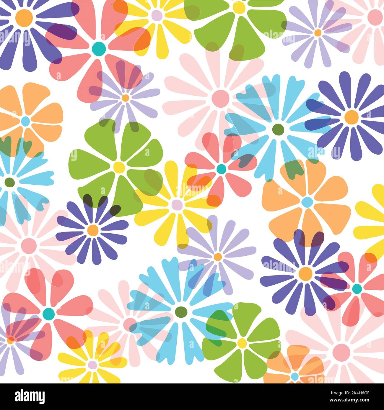 Multiple multi coloured overlapping flowers on white background. colour ...
