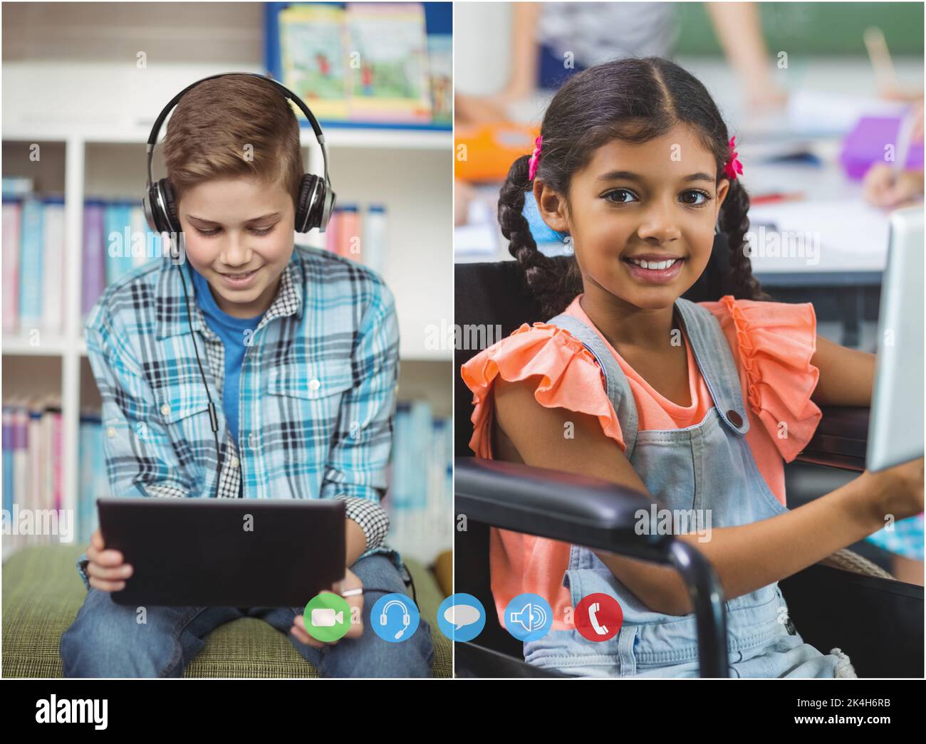 Laptop webcam view of male and female students on video conference ...