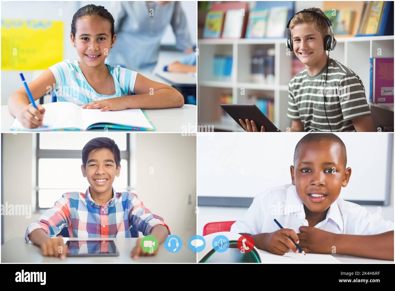 Laptop webcam view of multiple diverse students on video conference ...