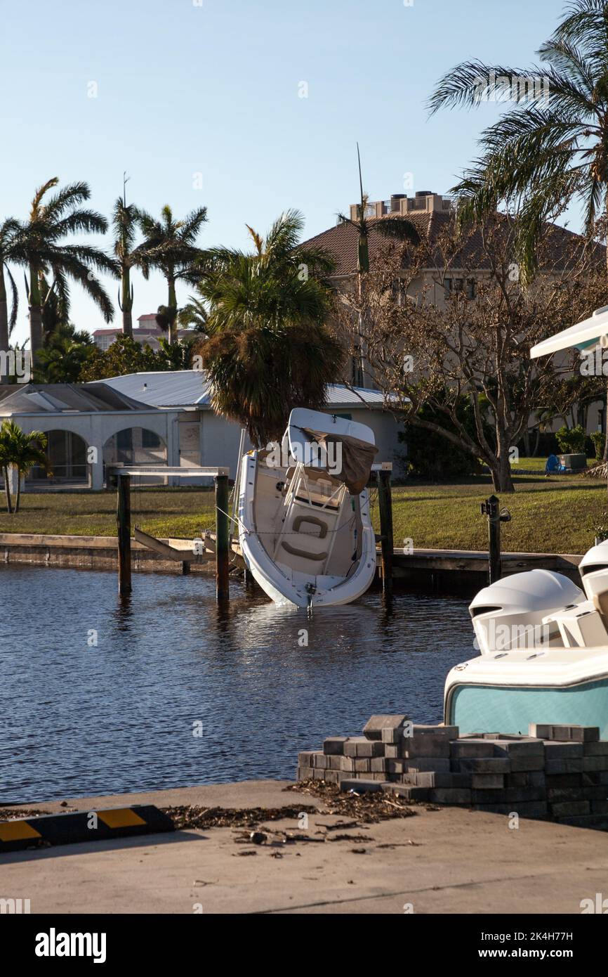 Naples, Florida, USA - September 28, 2022: NEWS –Boat pushed on land ...