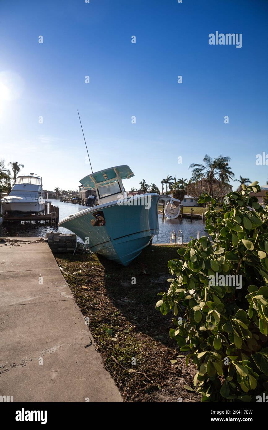 Naples, Florida, USA - September 28, 2022: NEWS –Boat pushed on land ...
