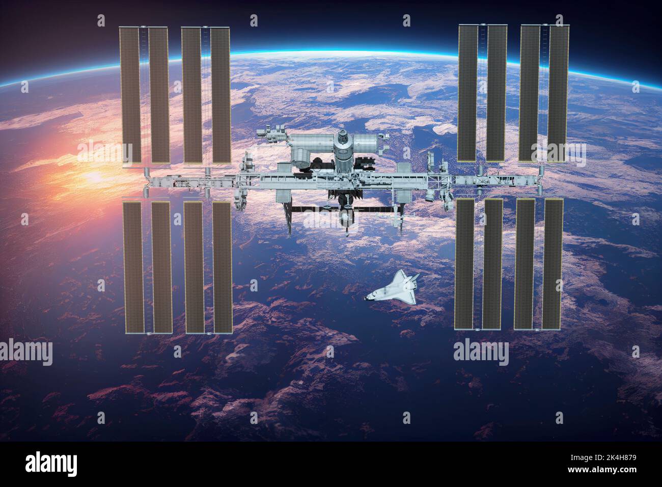 International space station on orbit of Earth planet. ISS. Dark background. Elements of this ...
