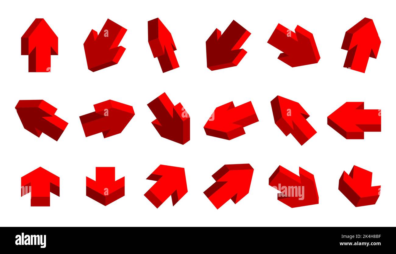 Arrow red 3d big set. Isometric cursor collection. Up down left right direction web button ...