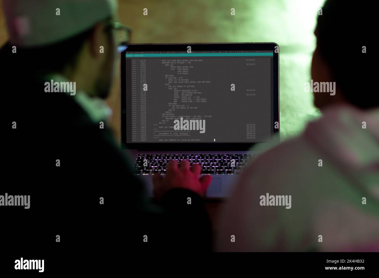 Back view of two diverse male colleagues using laptop with coding on screen. coding, programming ...