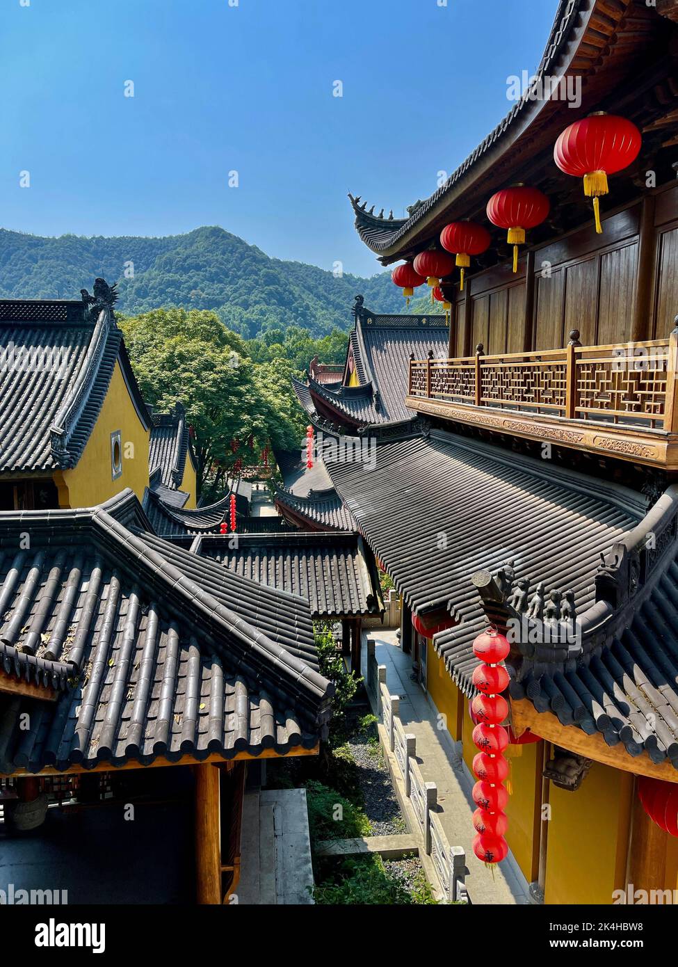 A vertical shot of the roofs of Faxi Temple in HangZhou, China Stock ...