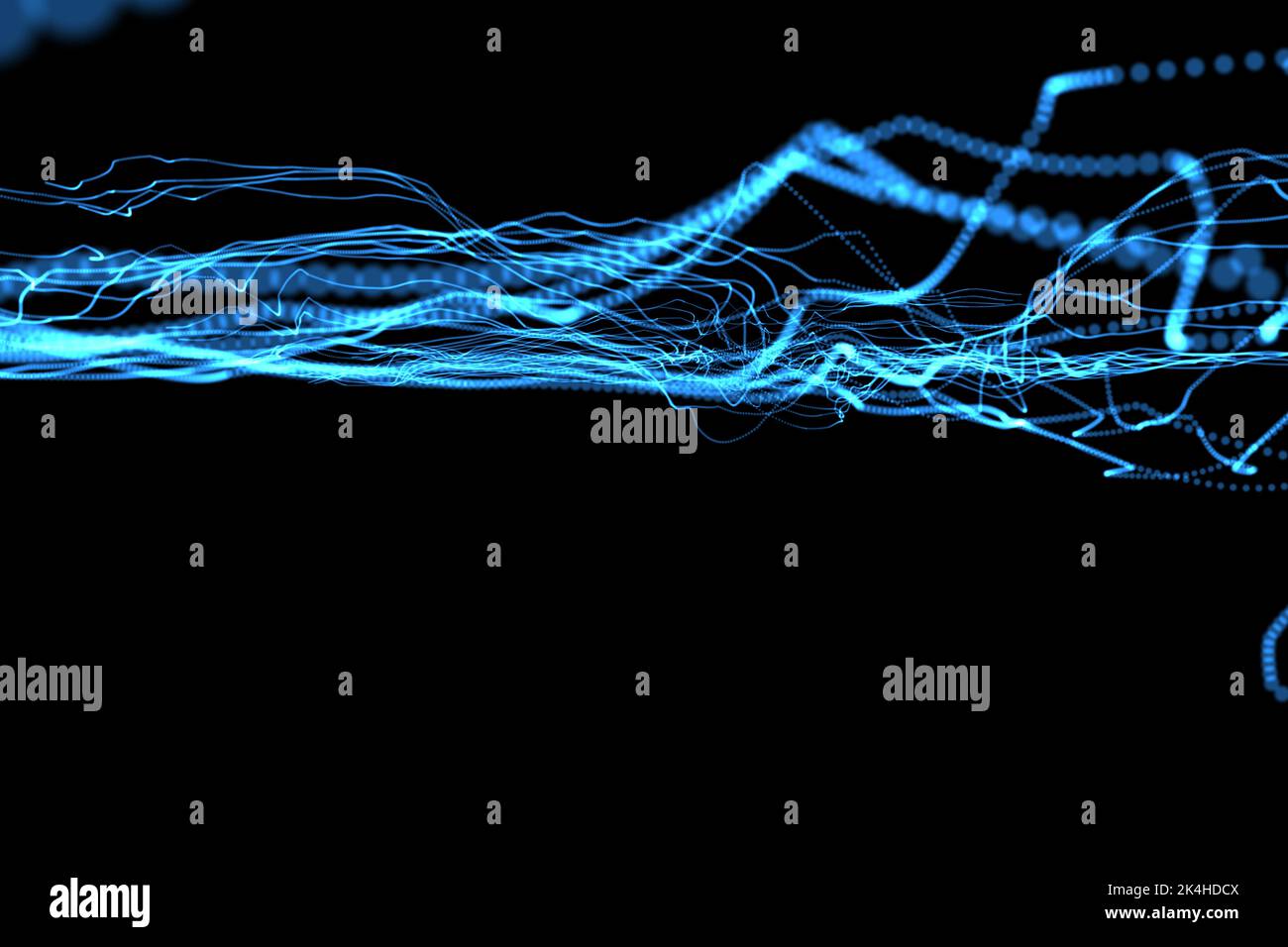 Abstract illustration of glowing blue digital wave against black ...