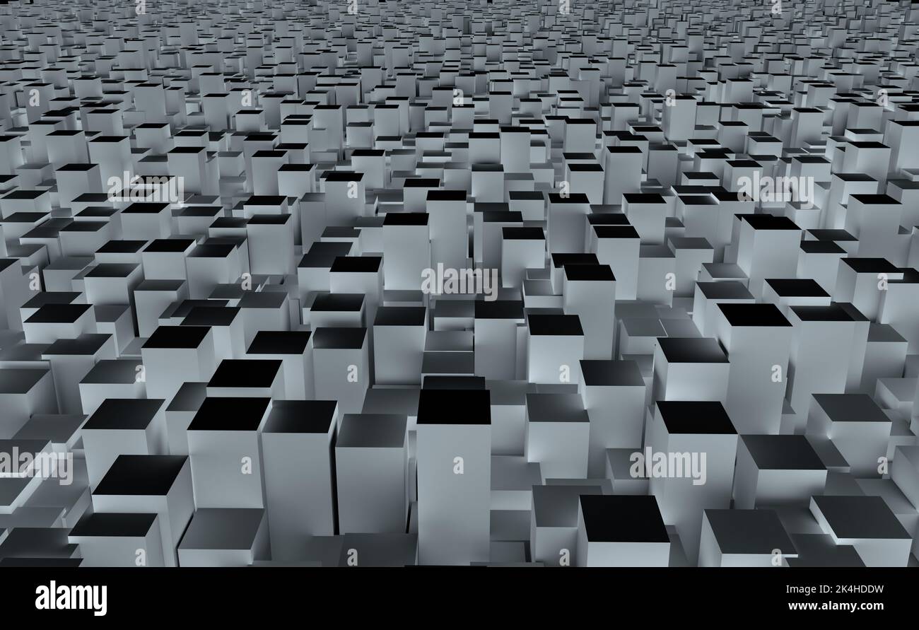 Abstract illustration of 3d grey blocks against black background ...