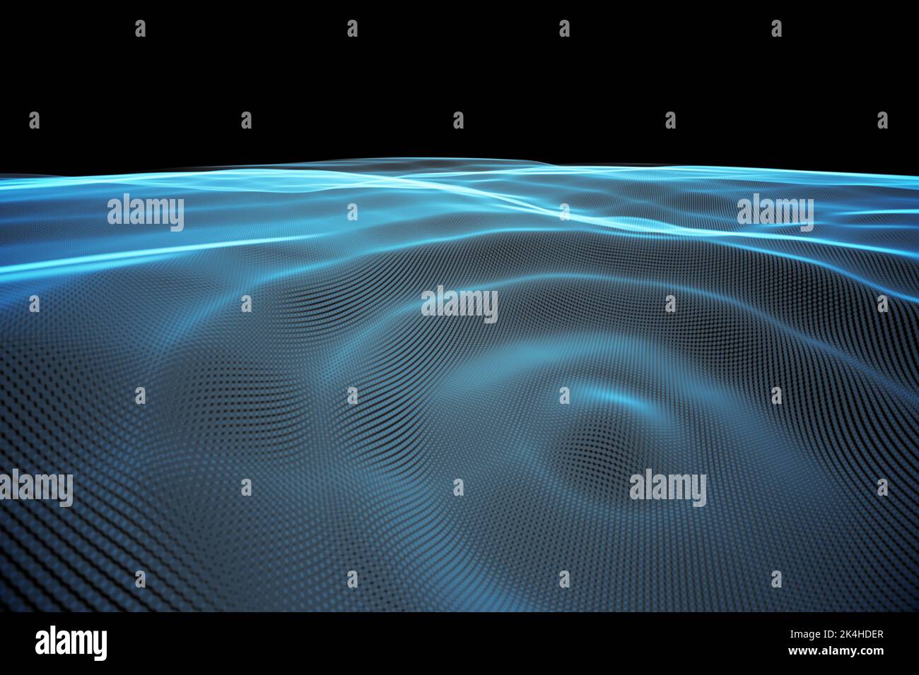 Abstract illustration of glowing blue digital wave against black ...