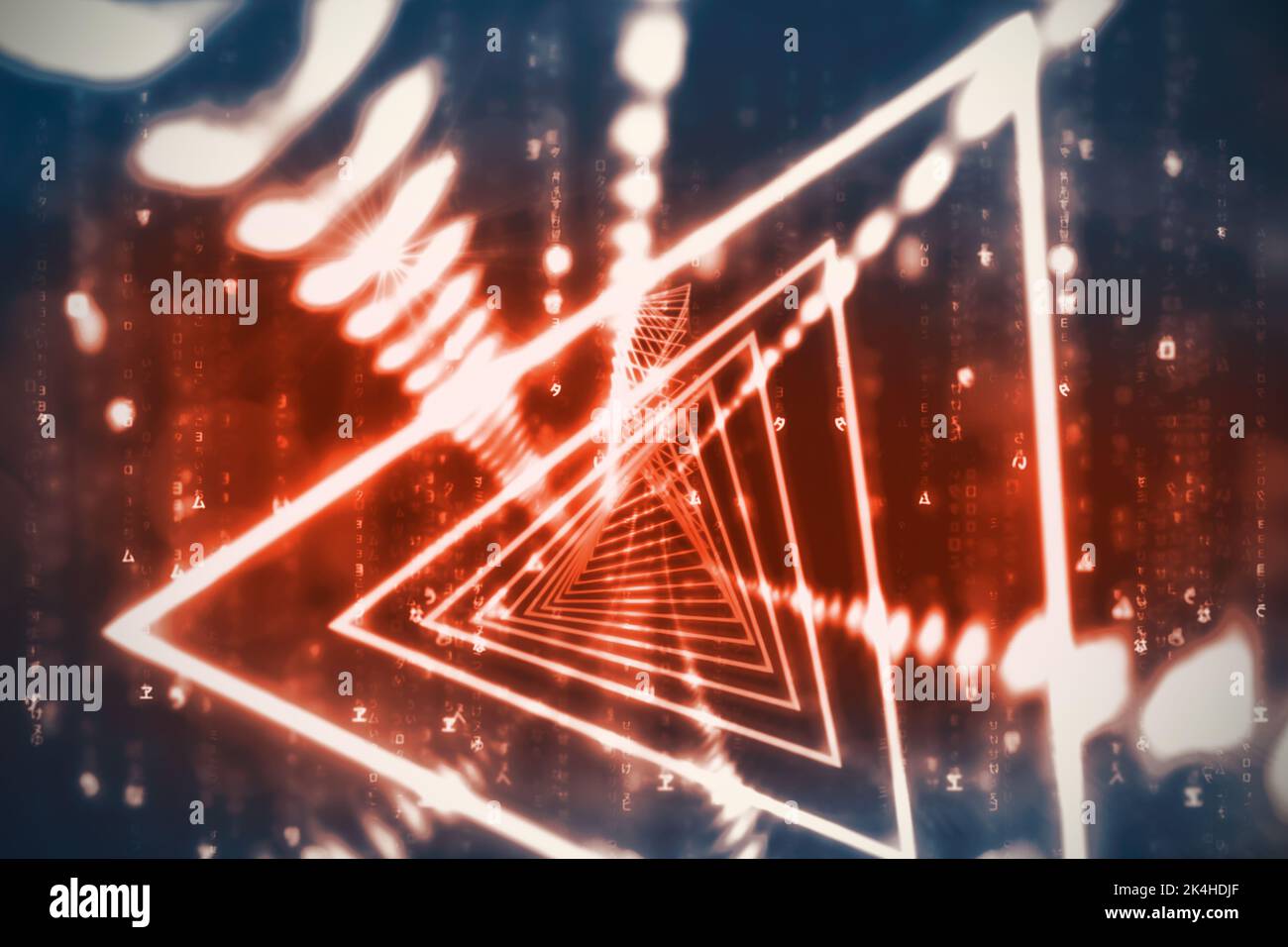 Abstract illustration of red glowing tunnel over data processing against red background ...