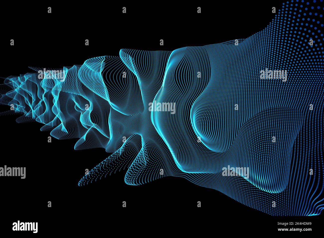 Abstract illustration of glowing blue digital mesh wave against black ...