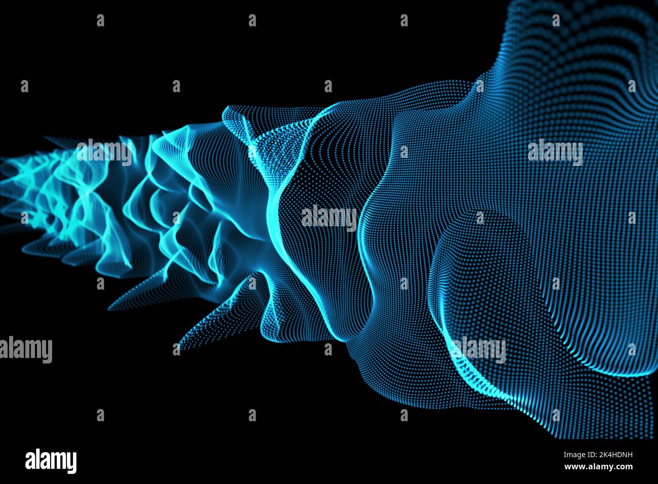 Abstract illustration of glowing blue digital mesh wave against black ...