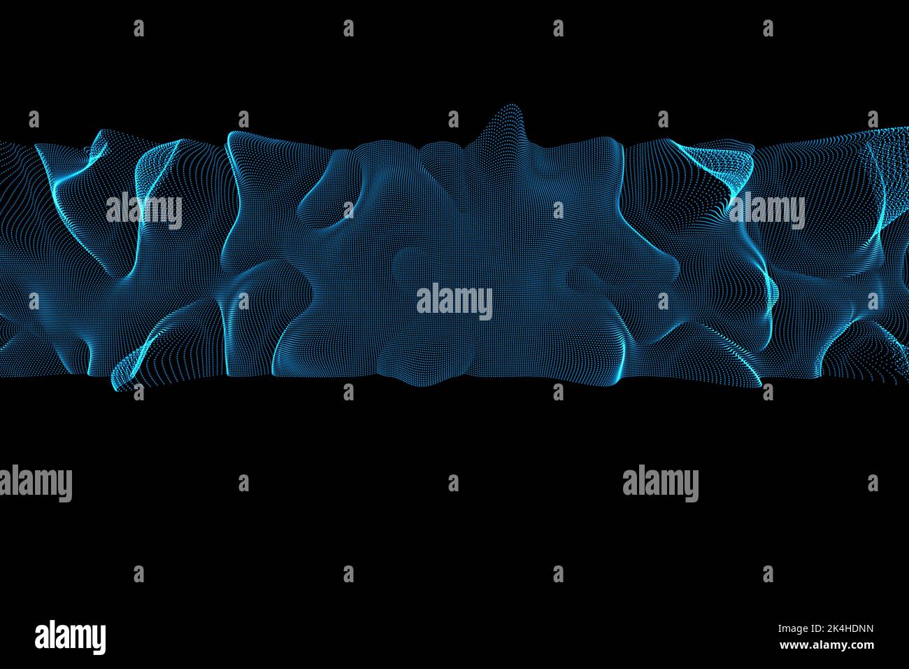 Abstract illustration of glowing blue digital mesh wave against black ...