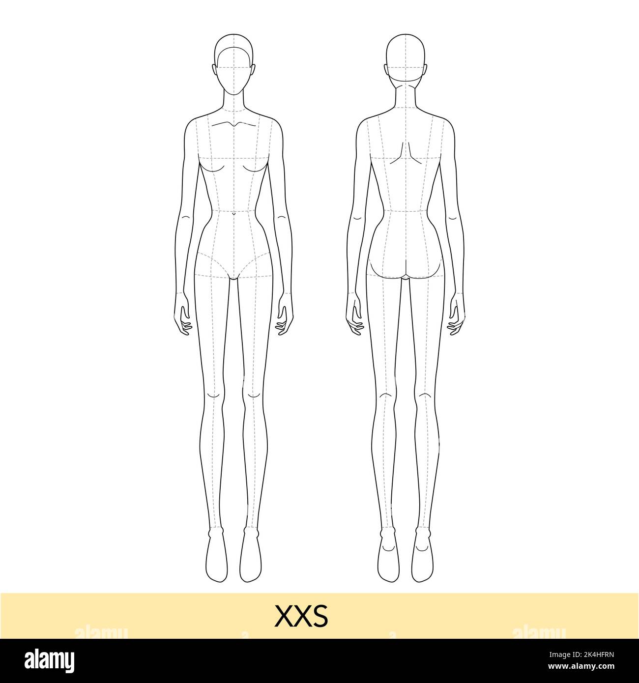 XXS size Women Fashion template 9 nine head size Croquis Lady with main ...