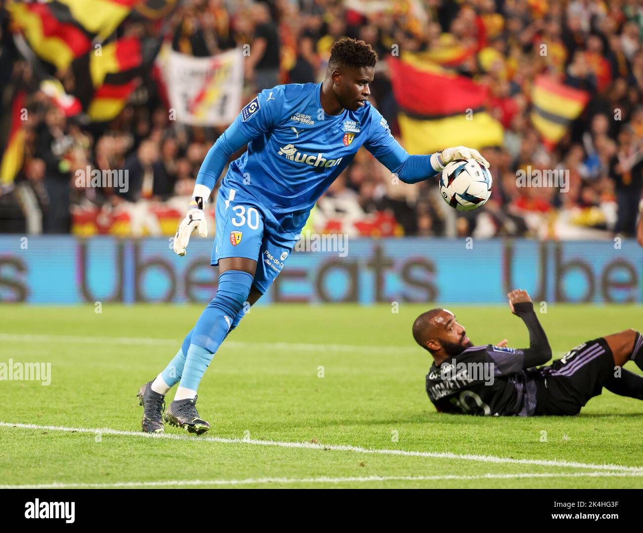 Goalkeeper of Lens Brice Samba, Alexandre Lacazette of Lyon during the ...