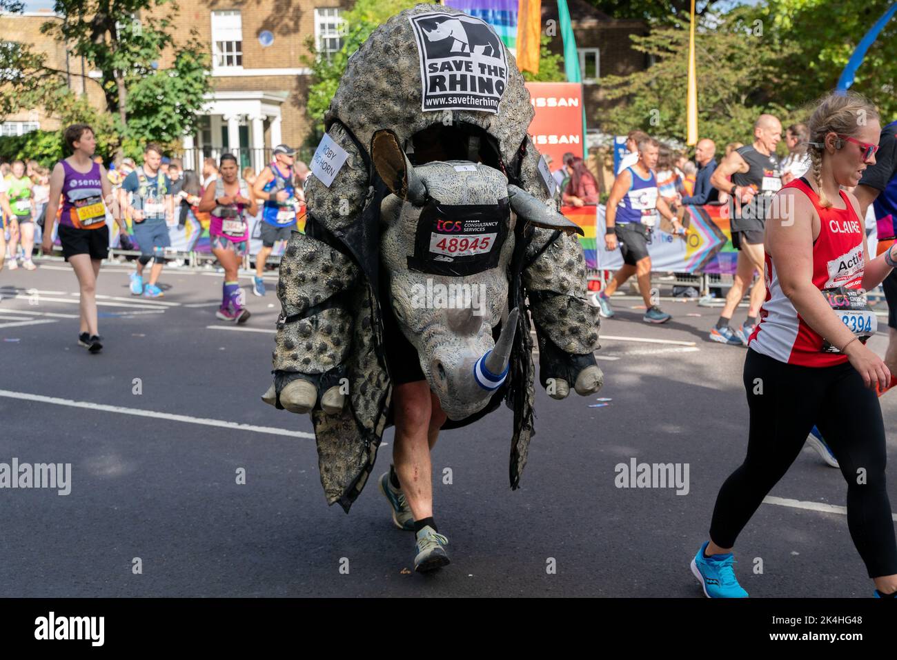 London, UK. 02nd Oct, 2022. A runner seen dressed in full Rhino costume ...