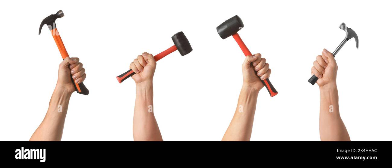 Collage of male hands with hammers on white background Stock Photo - Alamy