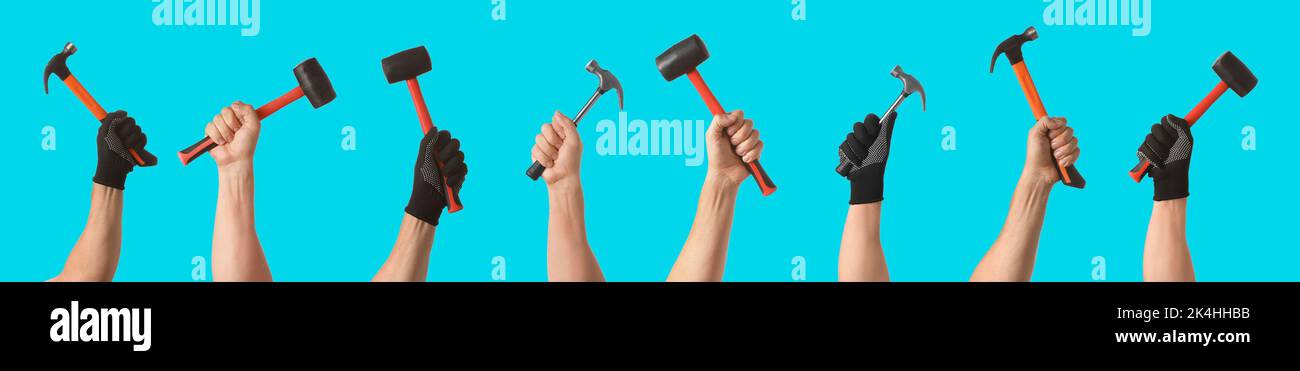 Collage of male hands with hammers on blue background Stock Photo - Alamy