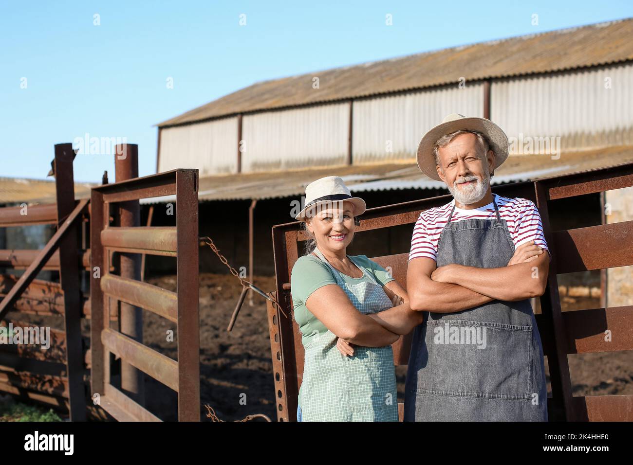Mature workers near paddock on farm Stock Photo - Alamy