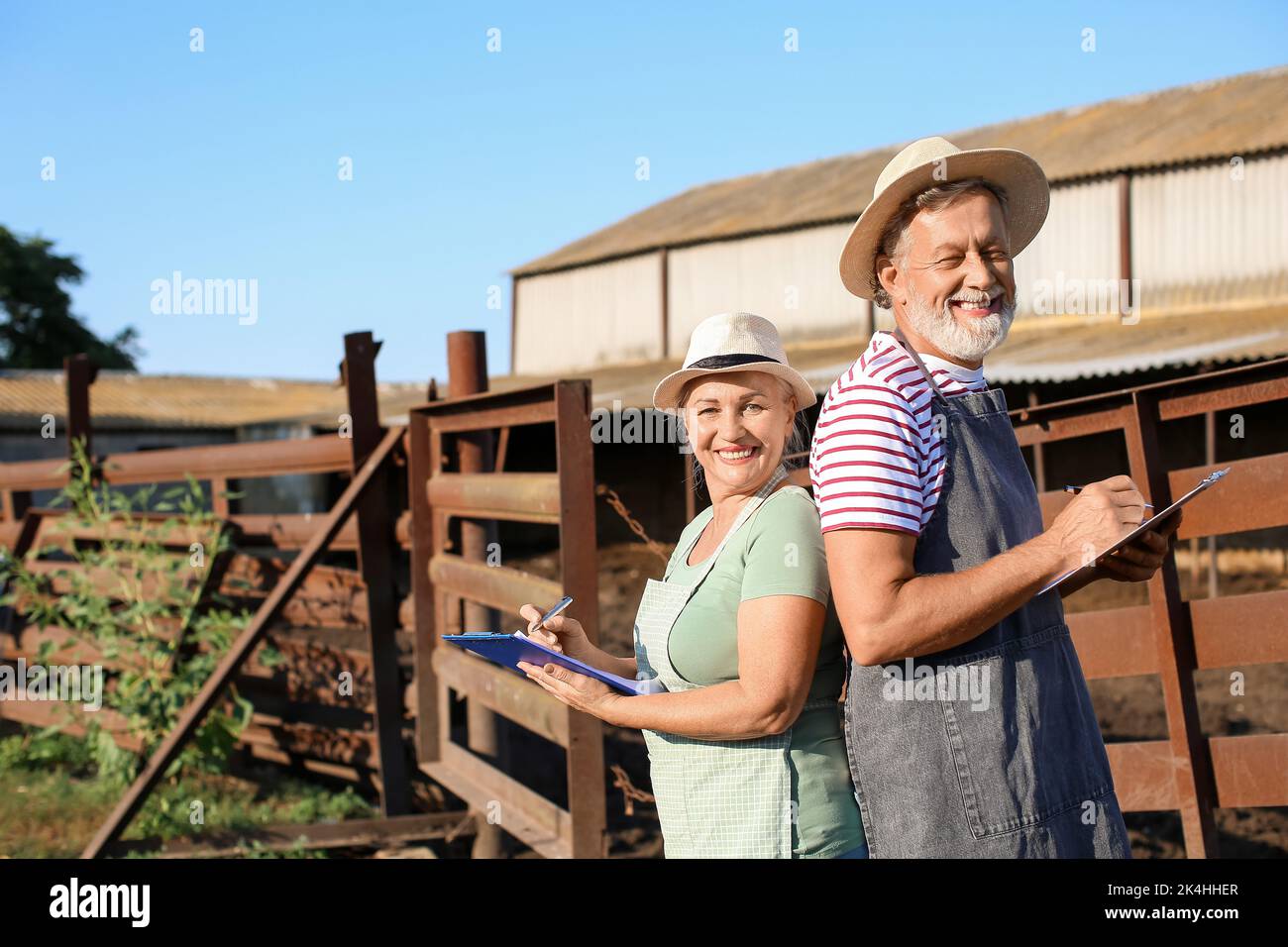 Mature workers near paddock on farm Stock Photo - Alamy