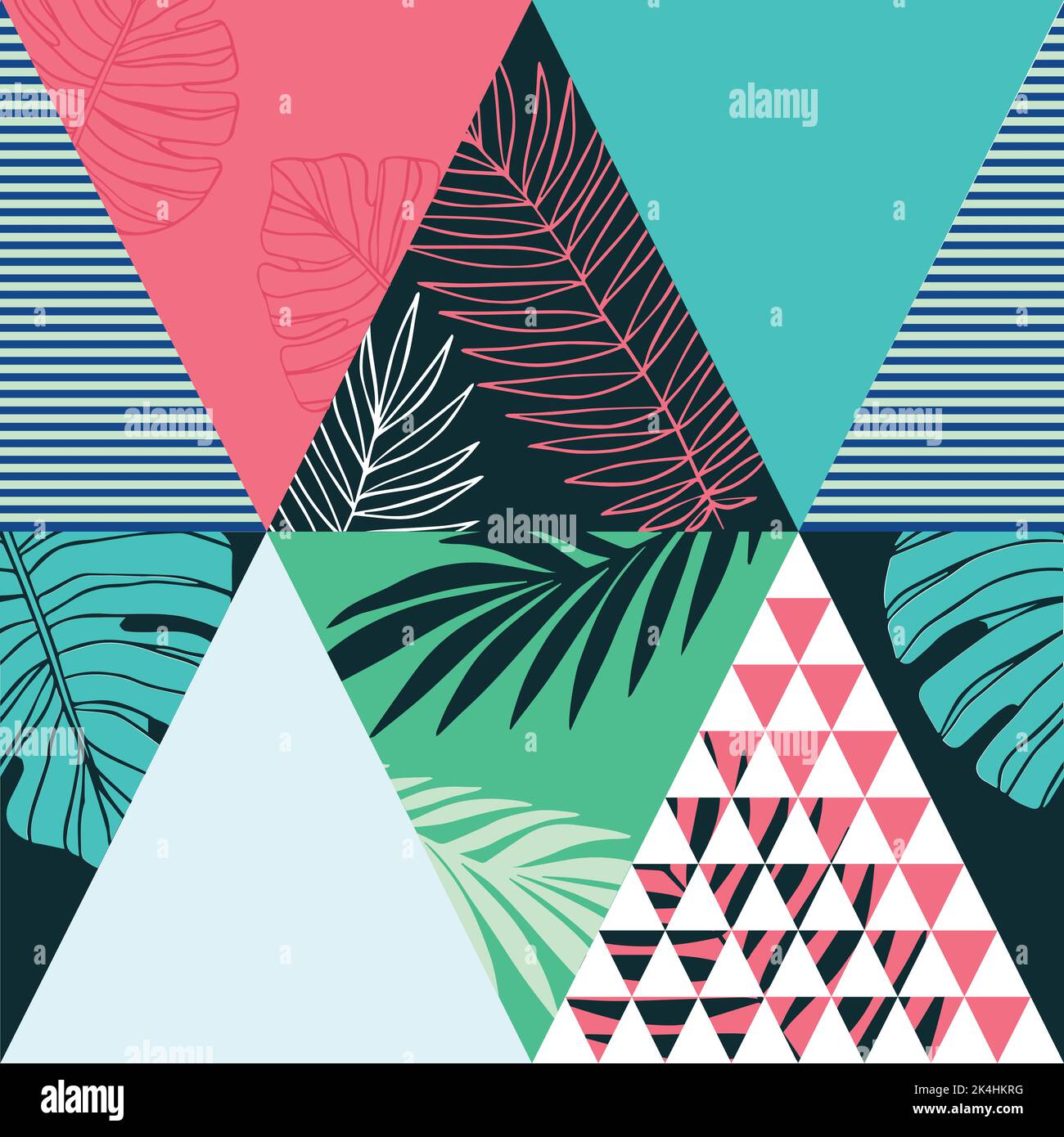 Geometric triangles with green, red, white and black leaf and stripe ...